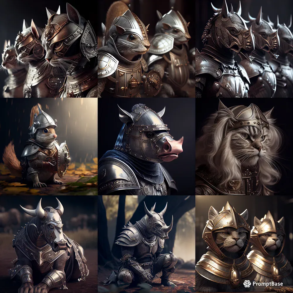 Knights Animals With Metal Armors Midjourney Prompt | PromptBase