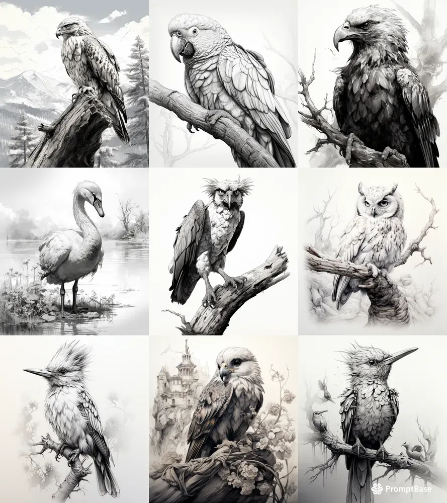 Graphite Wings Detailed Bird Portraits Midjourney Prompt | PromptBase