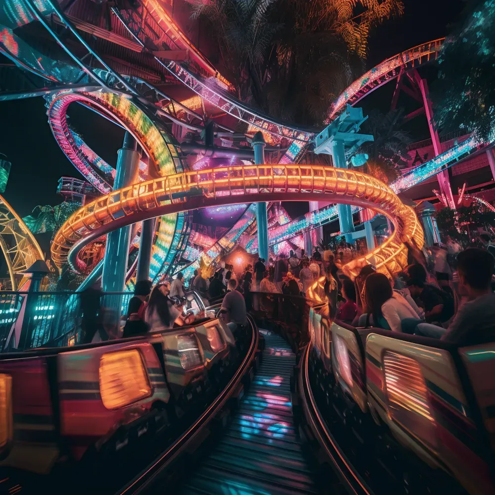 High Speed Neon Amusement Park Rides Midjourney Prompt | PromptBase