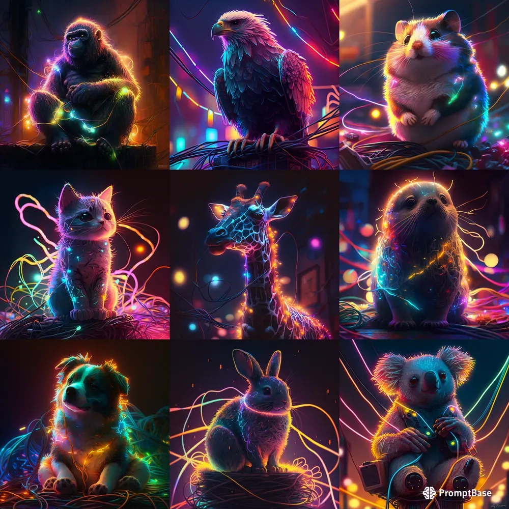 Realistic Neon Animals Cute Portraits Midjourney Prompt | PromptBase