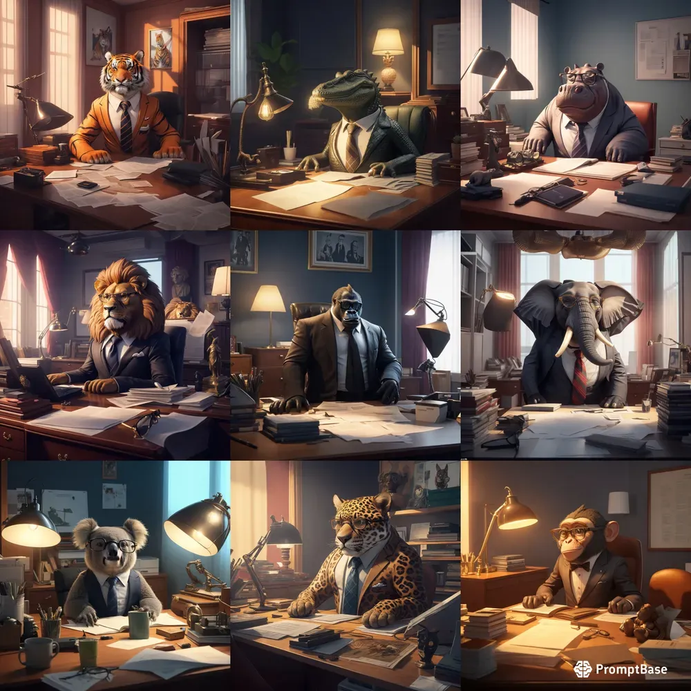 Suited Up Animals At Desks Leonardo Ai Prompt | PromptBase