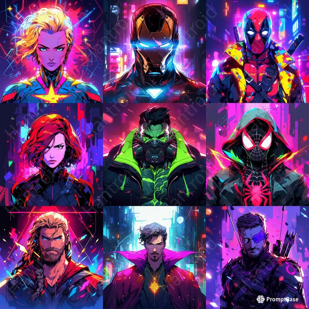 Neon Marvel Cyberpunk Heroes Midjourney Prompt | PromptBase