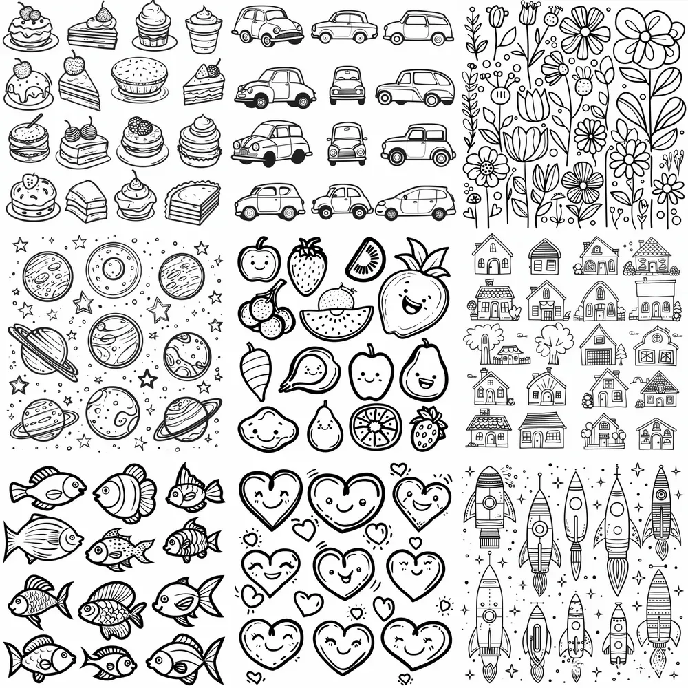 Coloring Book Collection Sheets For Kids Midjourney Prompt | PromptBase