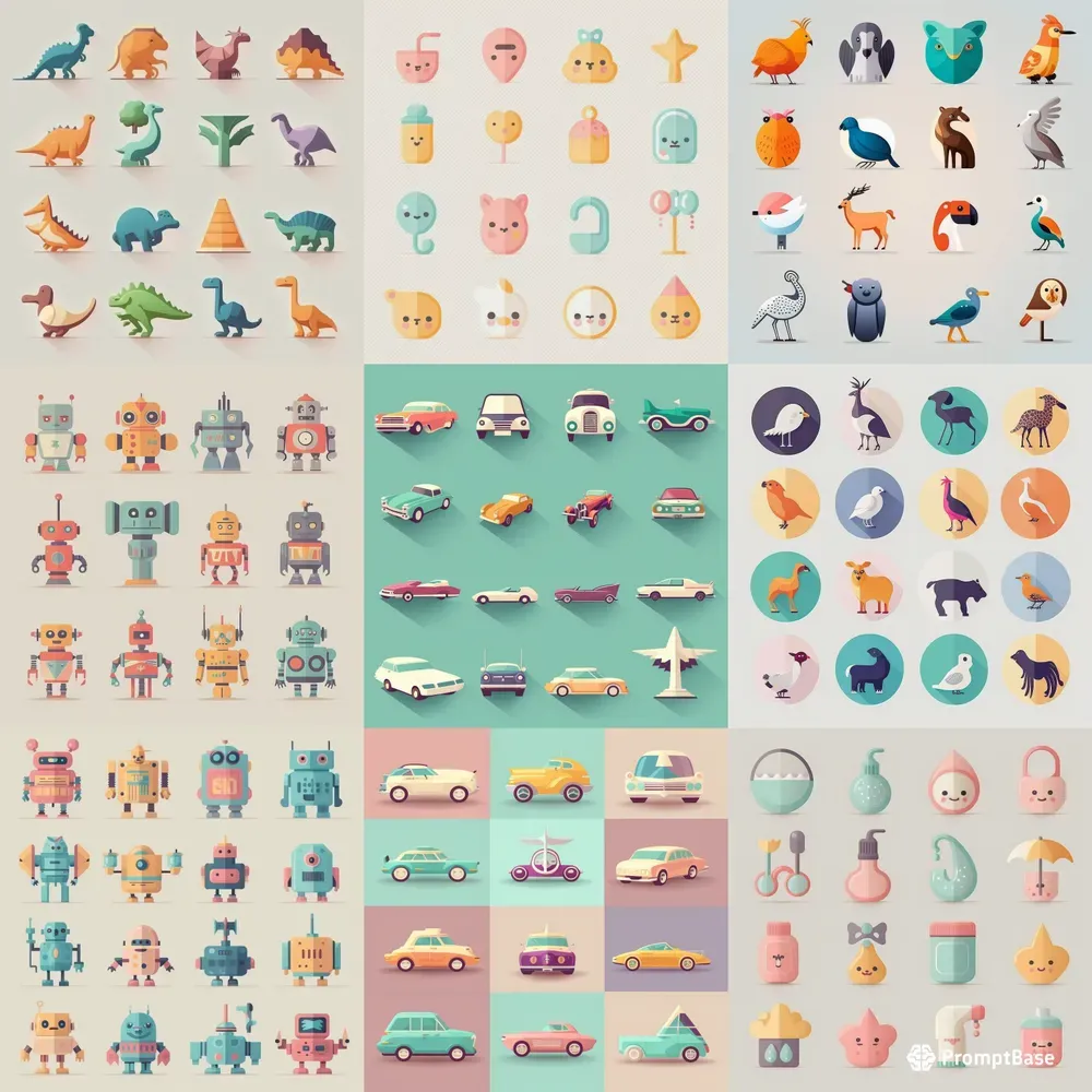 Flat Style Cute Icon Sets Midjourney Prompt | PromptBase