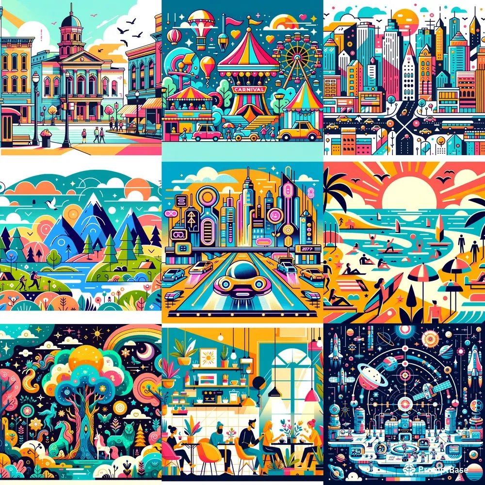 Vibrant Flat Scene Designs DALL·E Prompt | PromptBase