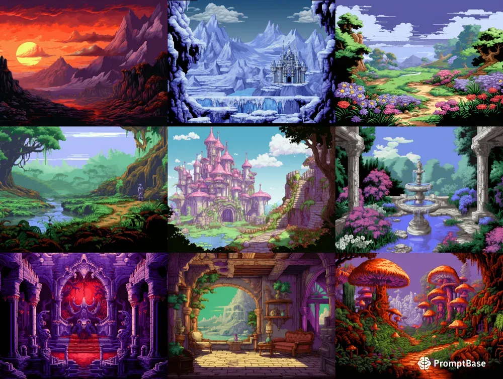 Retro Pixel Art Video Game Stage Fantasies Midjourney Prompt | PromptBase