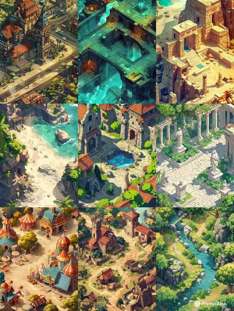 Isometric Game Map Views Concept Art Midjourney Prompt | PromptBase
