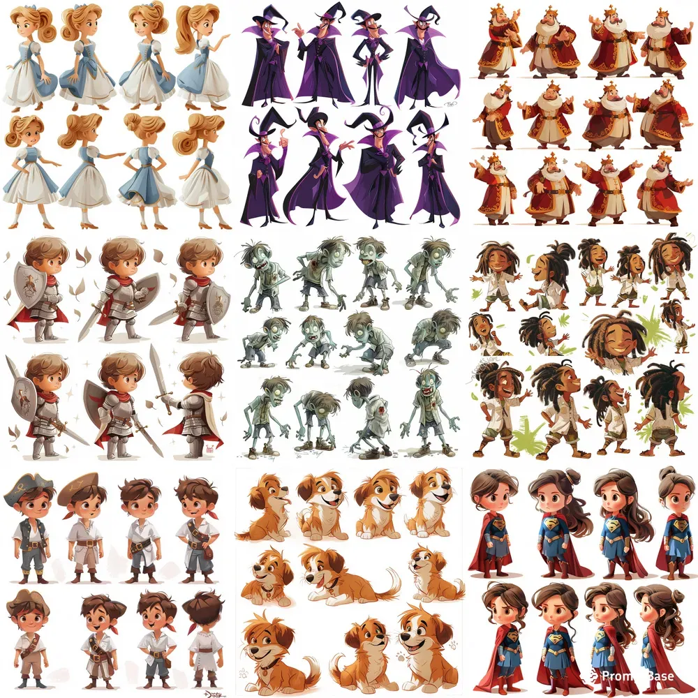 Cartoon Characters In Different Poses Midjourney Prompt | PromptBase