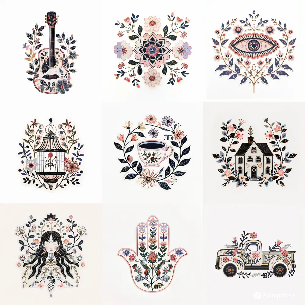 Whimsical Vector Folk Art Stickers Midjourney Prompt | PromptBase