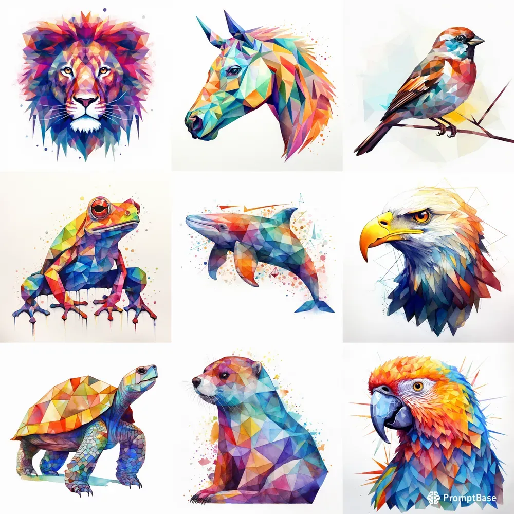 Animal Watercolor Drawings With Geometrics Midjourney Prompt | PromptBase