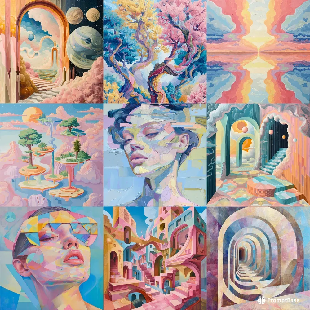 Serene Geometric Surrealism Blends Midjourney Prompt | PromptBase