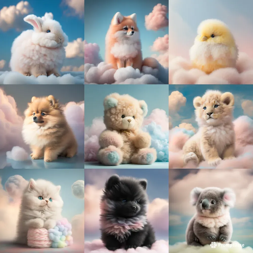 Adorable Fluffy Animals In Candy Clouds Midjourney Prompt | PromptBase