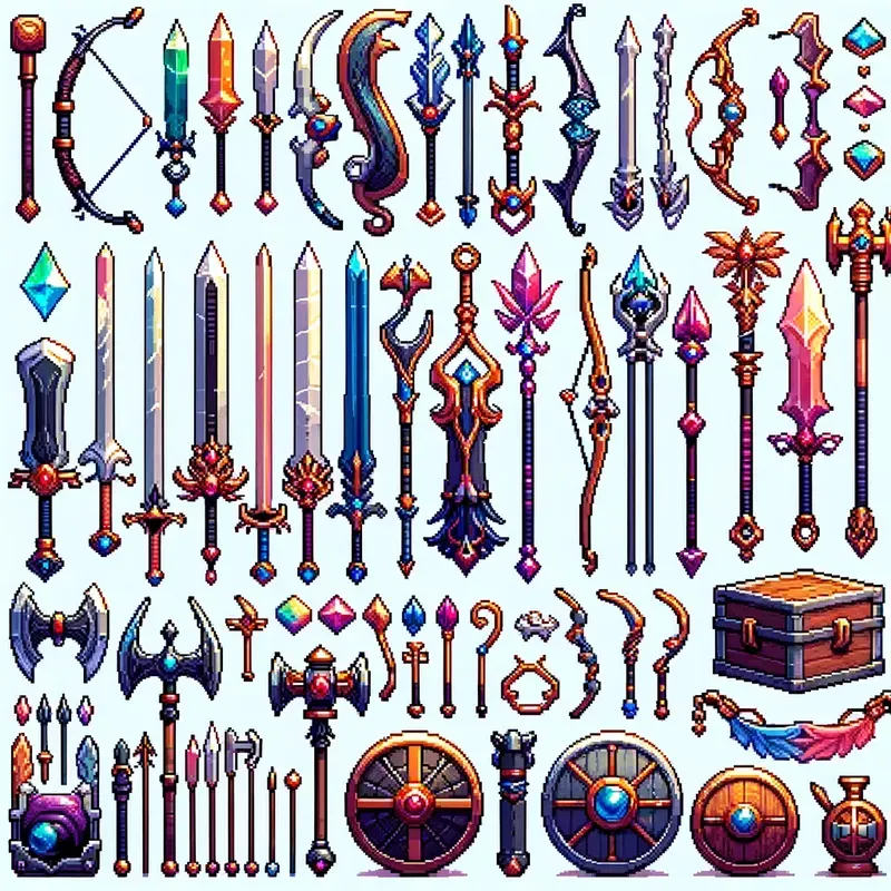 Pixel Art Weapons Sprite Sheets DALL·E Prompt | PromptBase