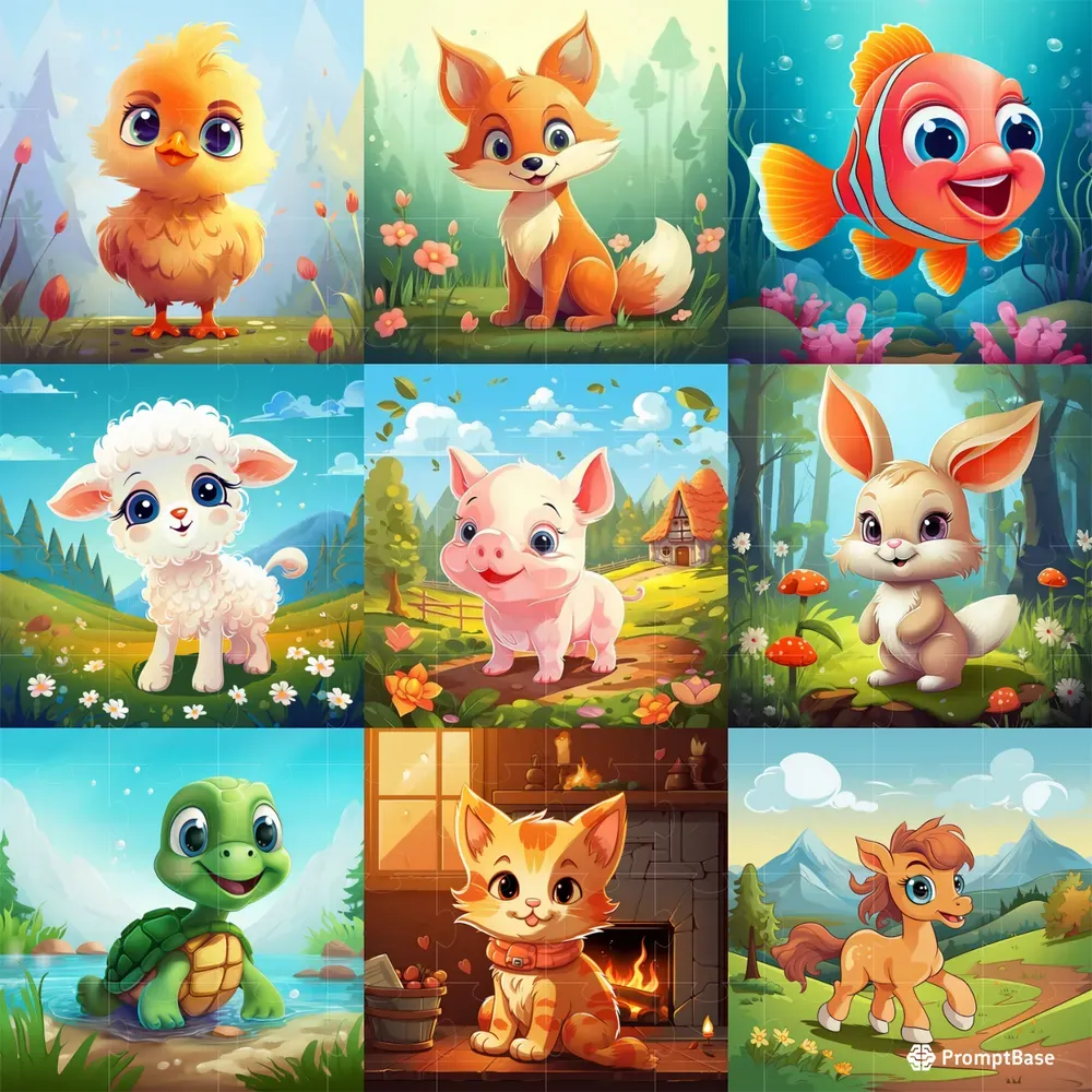 2D Animal Characters For Childrens Books Midjourney Prompt | PromptBase