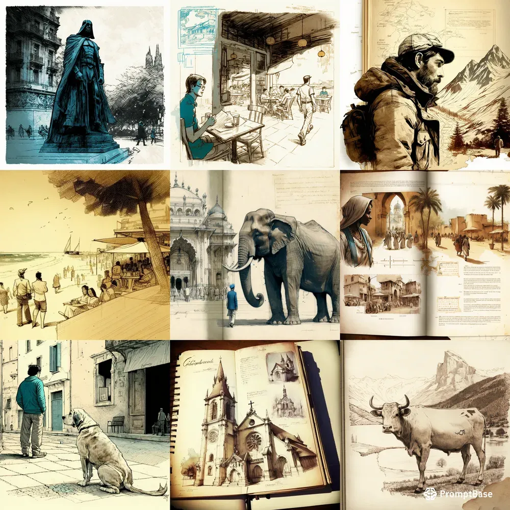 Travel Sketchbook Midjourney Prompt | PromptBase