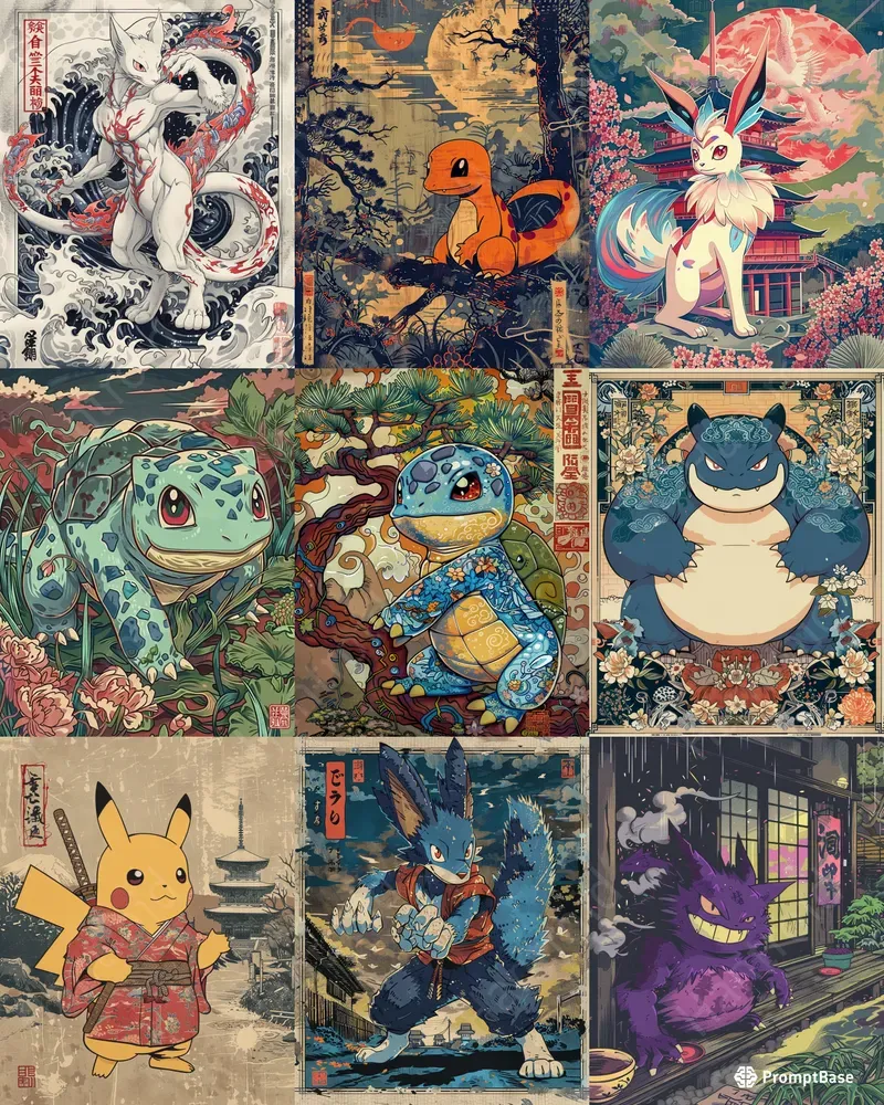 Pokemon Old Japanese Art Fusions Midjourney Prompt | PromptBase