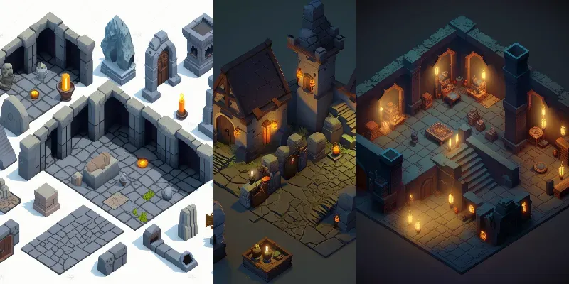 Isometric Dungeon Tile Assets Modulars Midjourney Prompt | PromptBase
