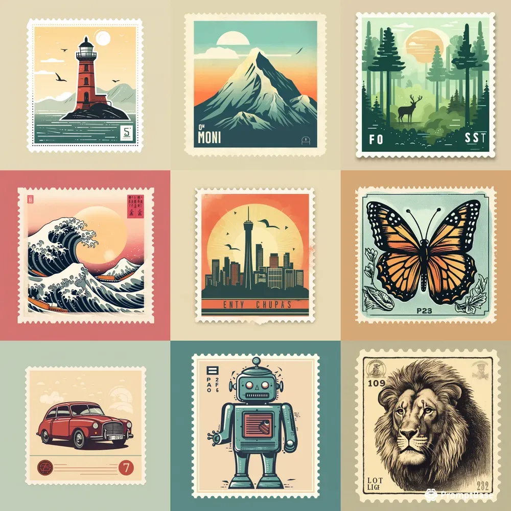 Postage Stamp Designs Midjourney Prompt | PromptBase