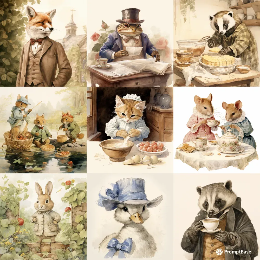 Beatrix Potter Watercolor Illustrations Midjourney Prompt | PromptBase