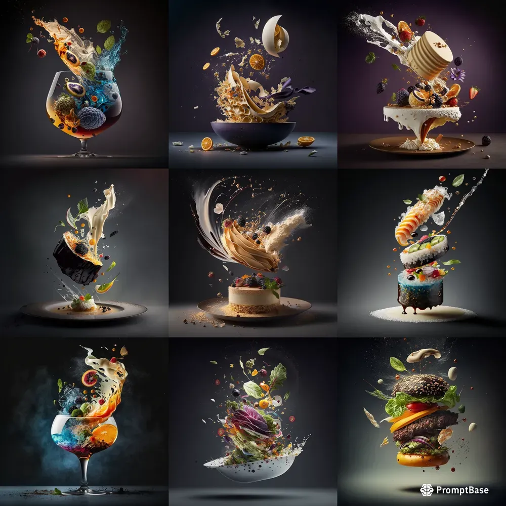Gravitydefying Food Photographs Midjourney Prompt | PromptBase