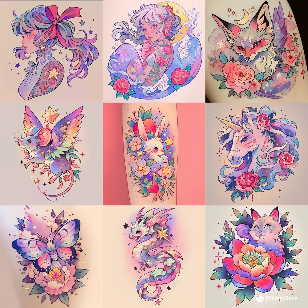 Girly Pastel Tattoo Designs Midjourney Prompt | PromptBase