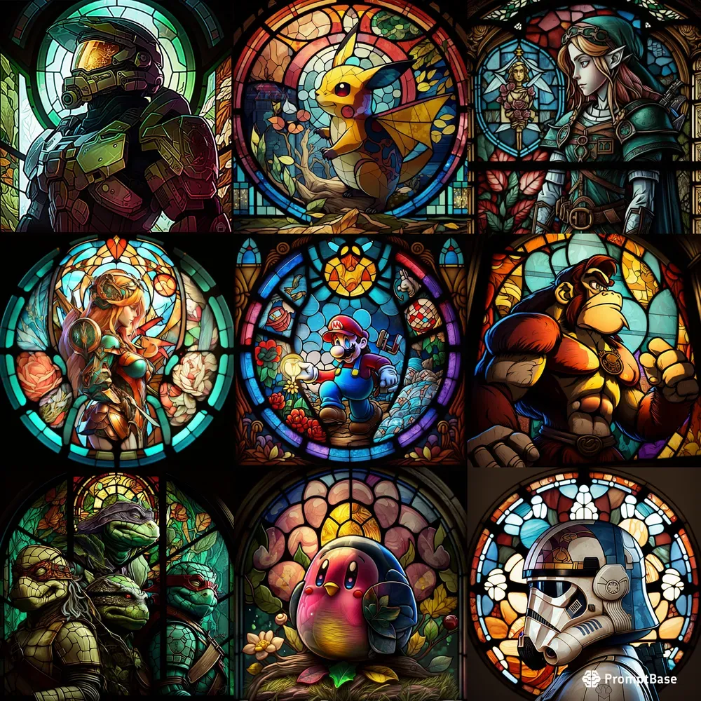 Video Game Character Stained Glass Artworks Midjourney Prompt | PromptBase