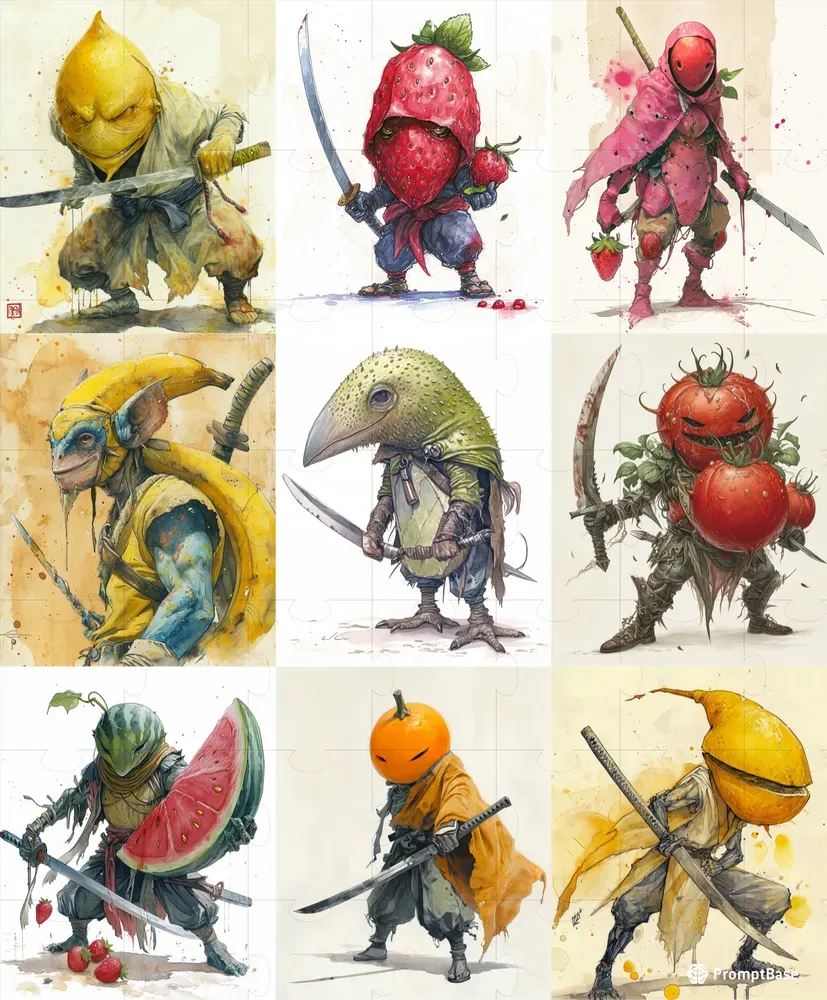 Fruit Ninja Shape Chara Designs Midjourney Prompt | PromptBase