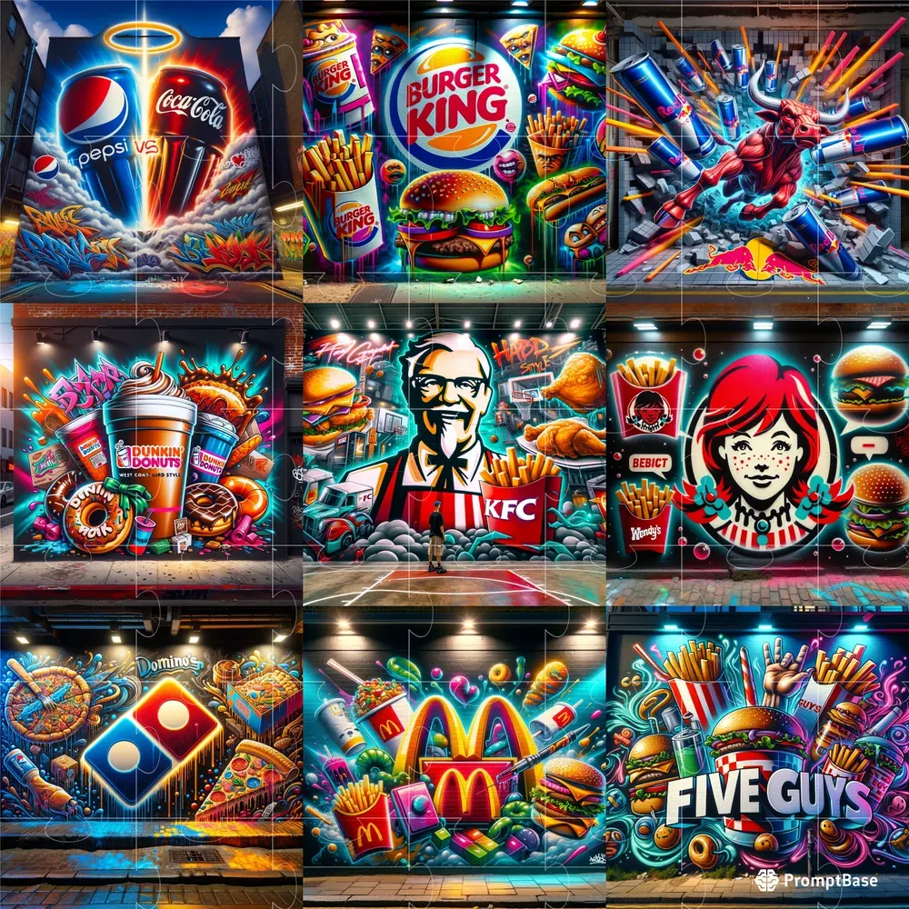 Fast Food Bright Street Art Graffiti DALL·E Prompt | PromptBase