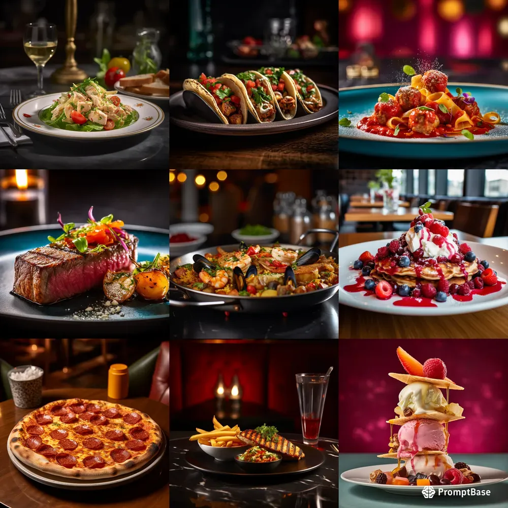 Vibrant Restaurant Foods Midjourney Prompt | PromptBase