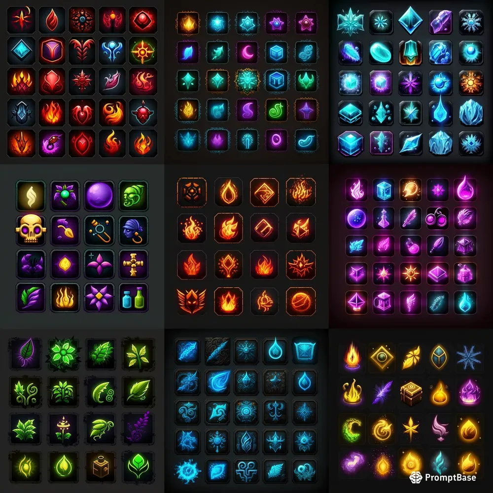 Video Game Spell Button Icons Midjourney Prompt | PromptBase