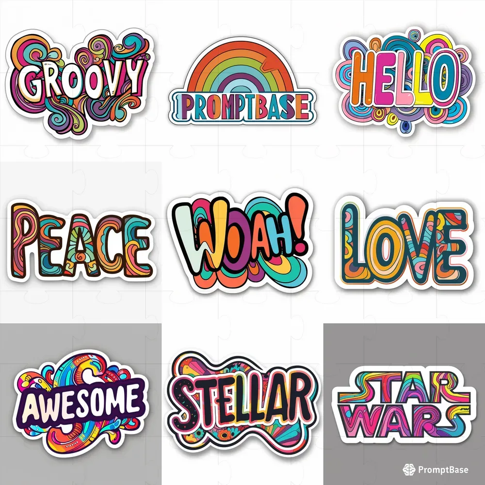 70s Word Stickers Midjourney Prompt | PromptBase