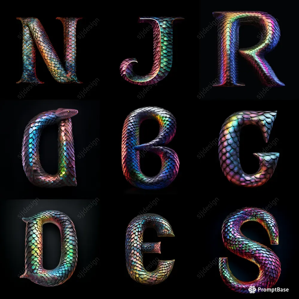 Holographic Snakeskin Letters Midjourney Prompt | PromptBase