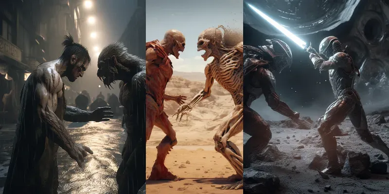 Characters Fights Unreal Engine 5 Midjourney Prompt | PromptBase