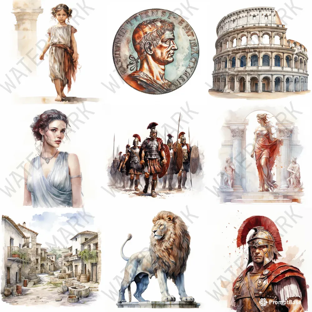 Roman Empire Watercolor Historic Cliparts Midjourney Prompt | PromptBase