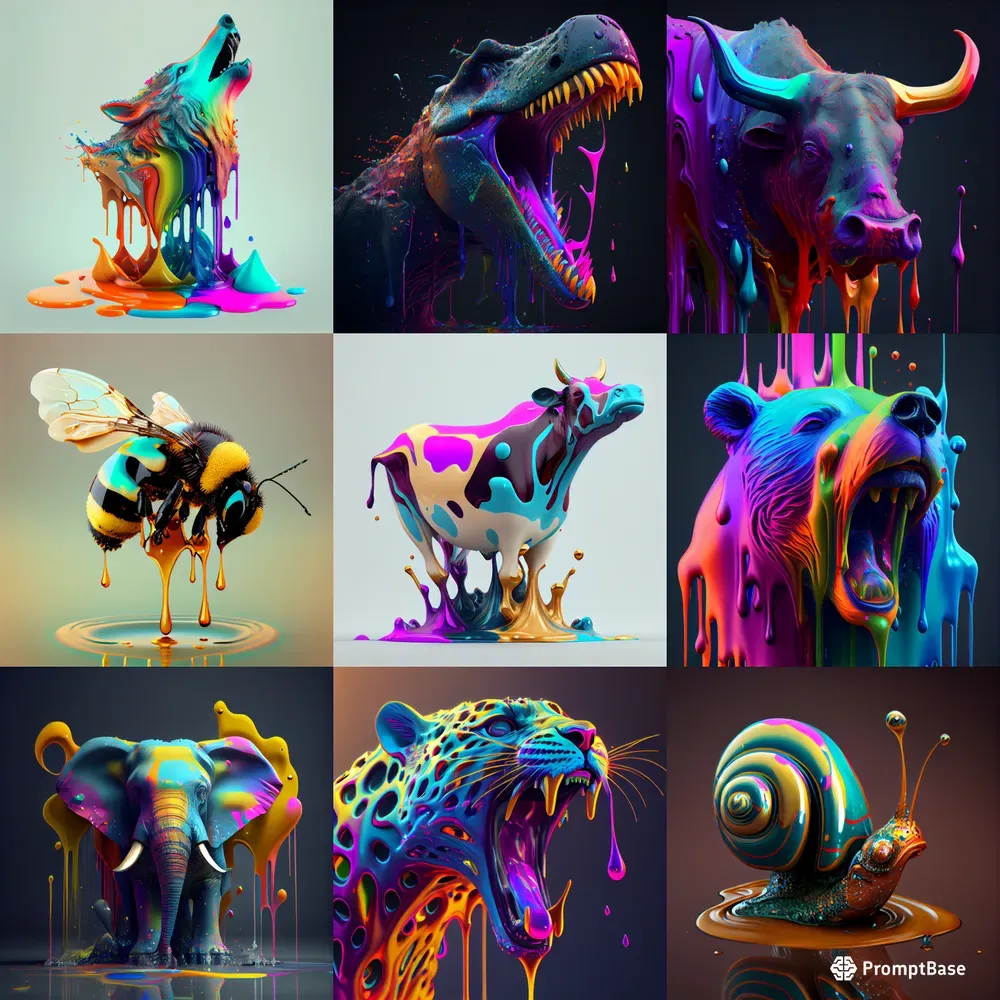 Liquid Dripping Colored Animals Midjourney Prompt | PromptBase