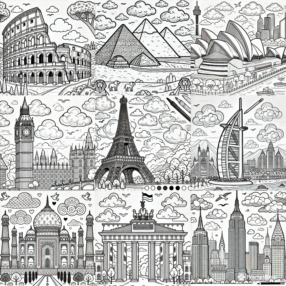 Coloring Book Famous Buildings DALL·E Prompt | PromptBase