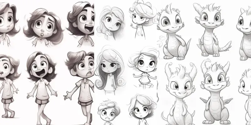 2D Pixar Anime Character Design Sketches Midjourney Prompt | PromptBase