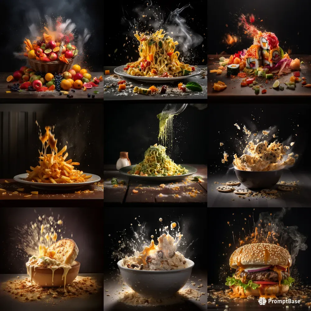 Exploding Food Photographs Midjourney Prompt | PromptBase