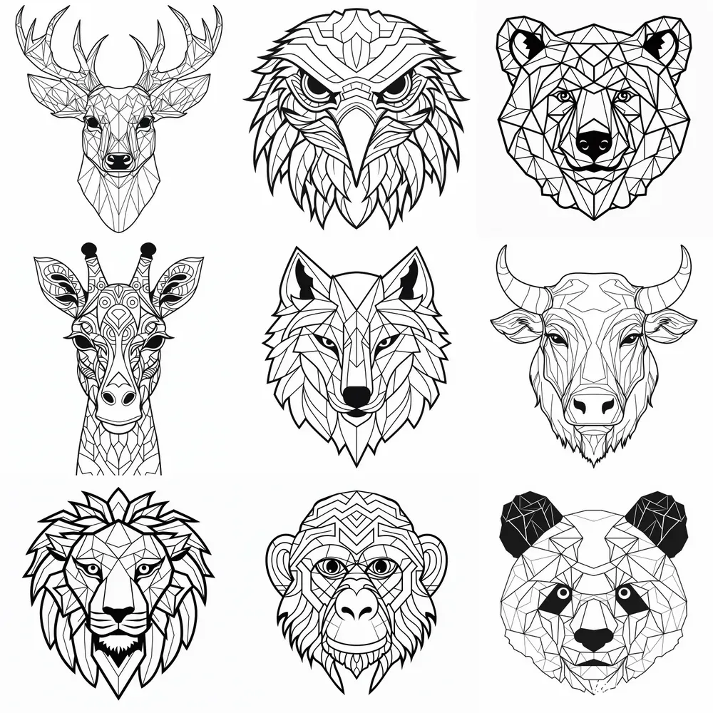 Geometric Animal Head Coloring Book Pages Midjourney Prompt | PromptBase