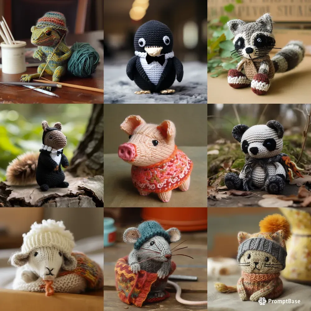 Knit Chibi Animals In Clothes Midjourney Prompt | PromptBase