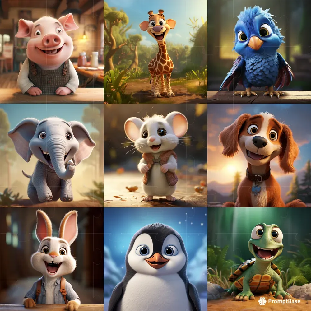 Pixar Style Cute Animal Characters Midjourney Prompt | PromptBase