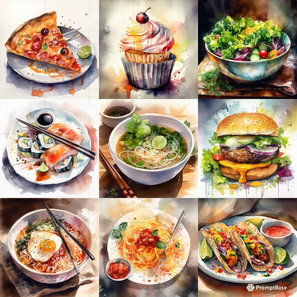 Watercolor Food Paintings Midjourney Prompt | PromptBase