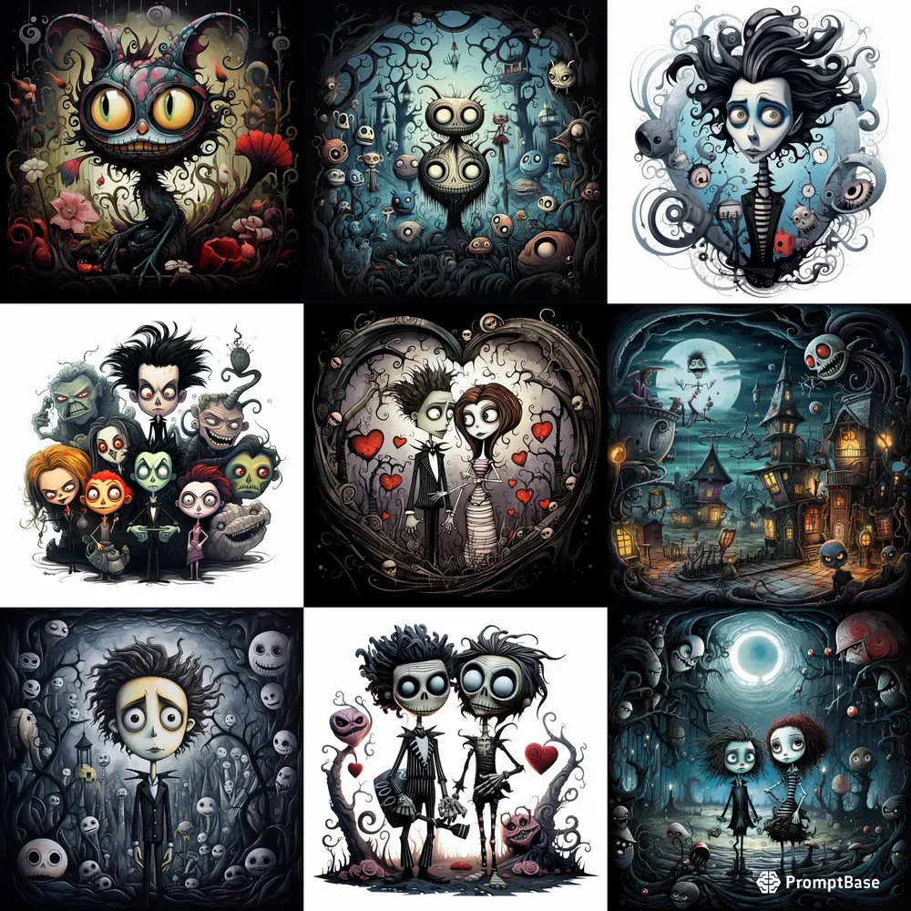 Tim Burton Cartoon Illustrations Midjourney Prompt | PromptBase