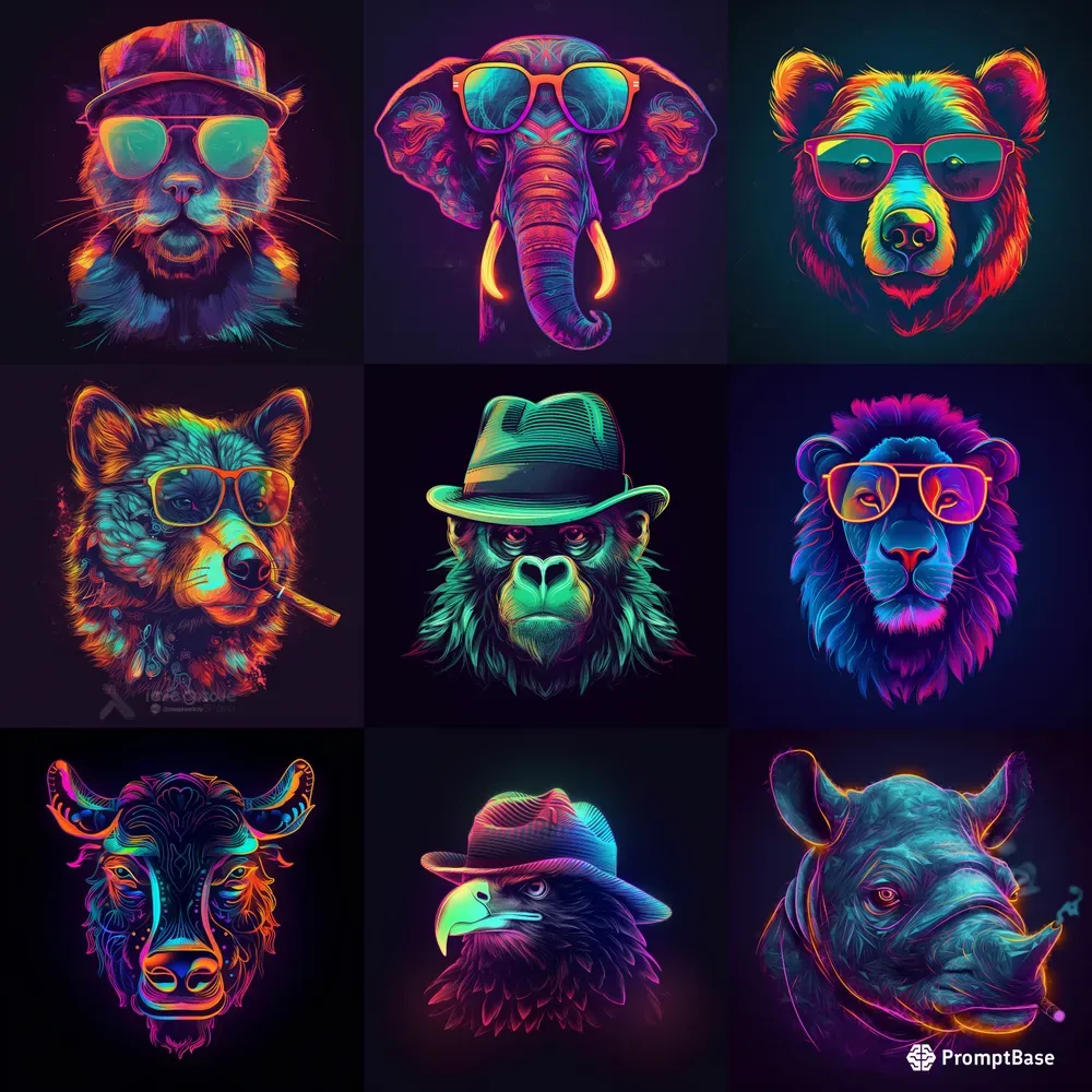 Vibrant Neon Animals Midjourney Prompt | PromptBase
