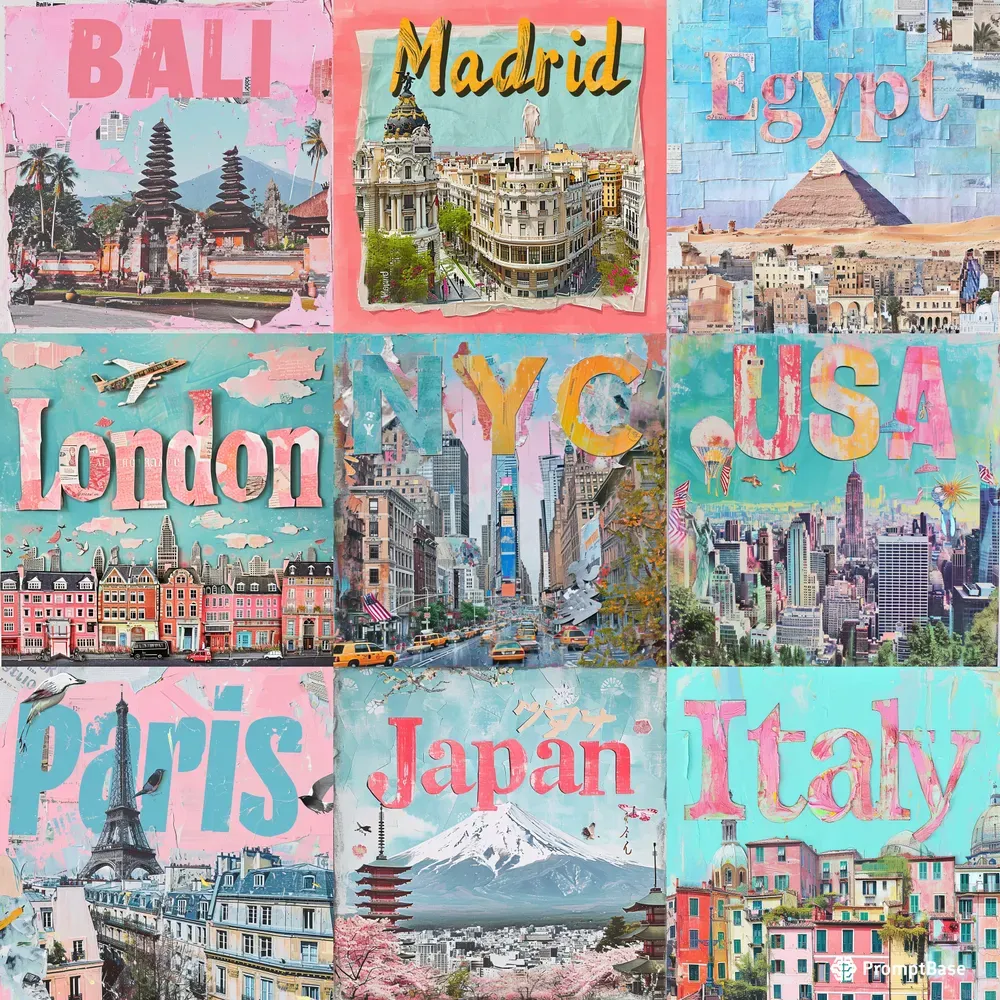 Pastel Travel Collage Postcards Midjourney Prompt | PromptBase