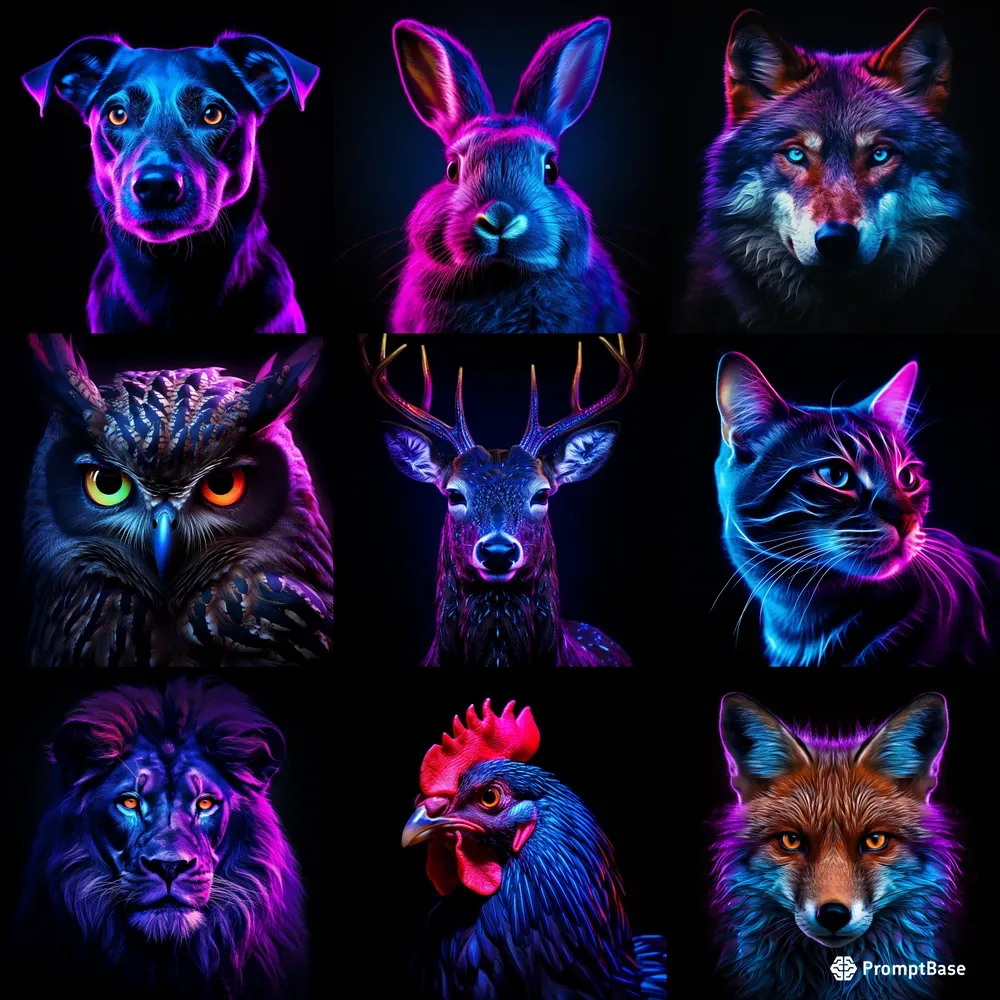 Neon Light Animal Portraits Photographs Midjourney Prompt | PromptBase
