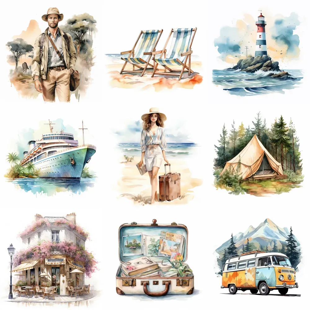 Traveling Watercolor Clipart Adventures Midjourney Prompt | PromptBase