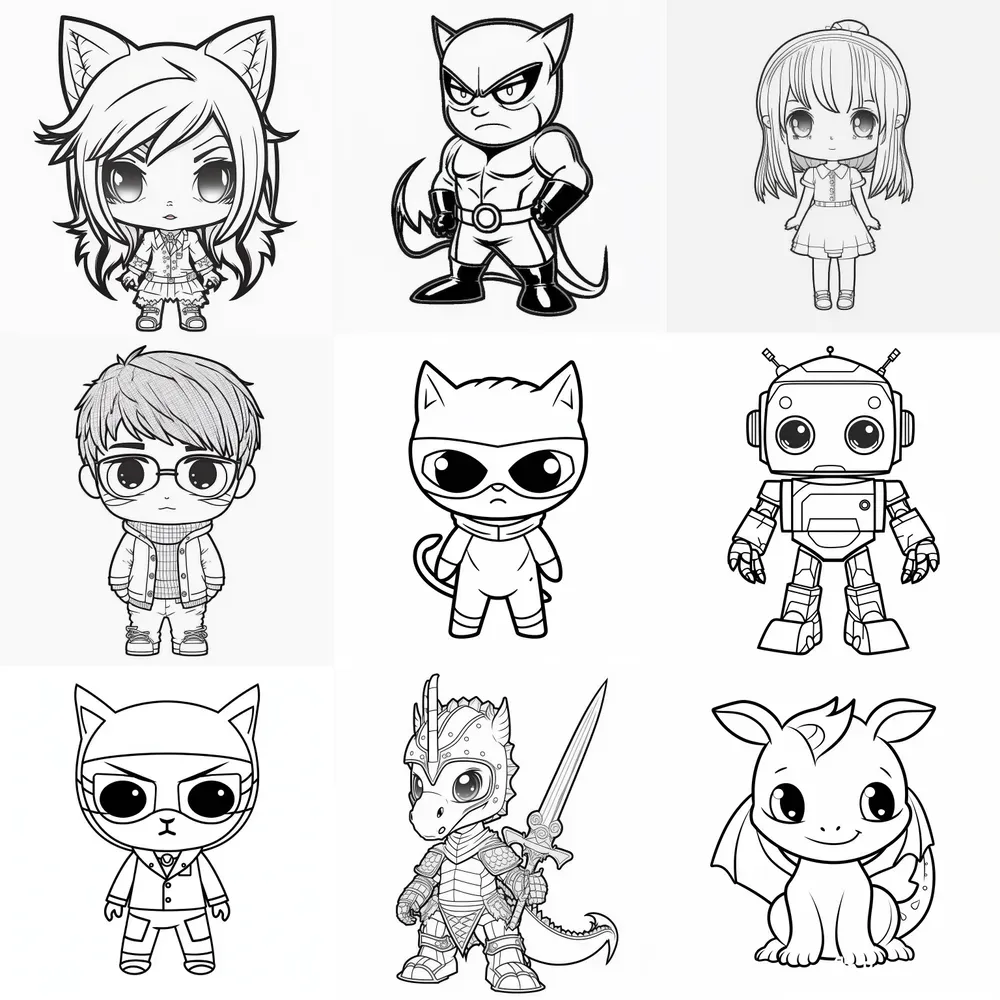 Chibi Characters Coloring Pages Midjourney Prompt | PromptBase