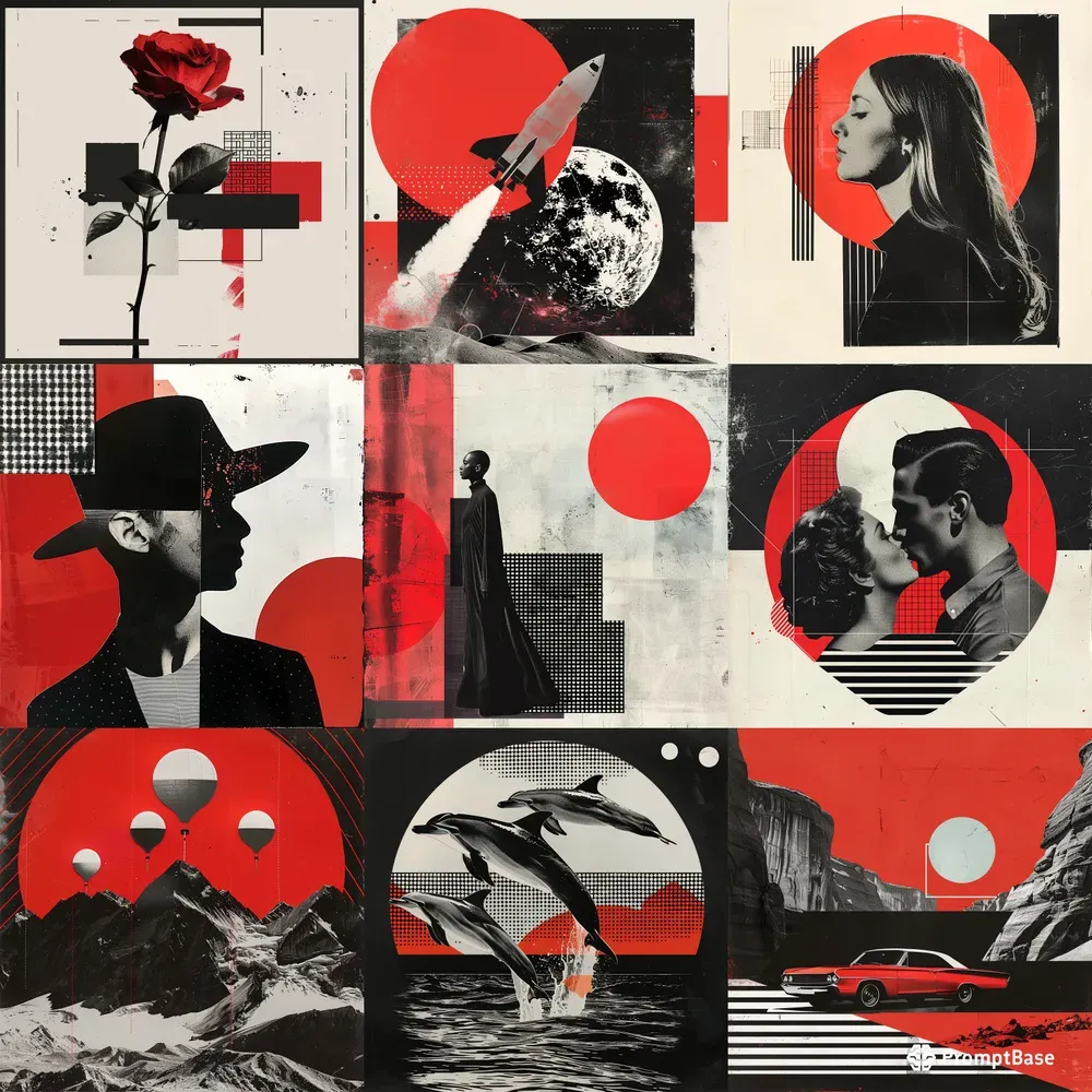 Red Monochromatic Vintage Collages Midjourney Prompt | PromptBase