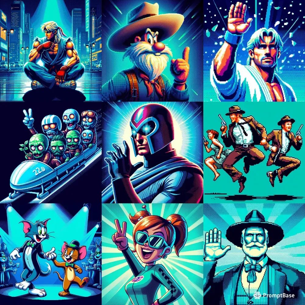 Retro Pixel Art Iconic Characters Unleashed DALL·E Prompt | PromptBase